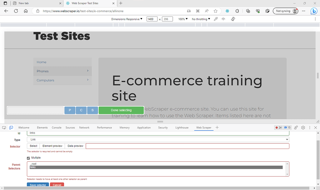 Can't create link selector-Web Scraper for Edge - Web Scraper