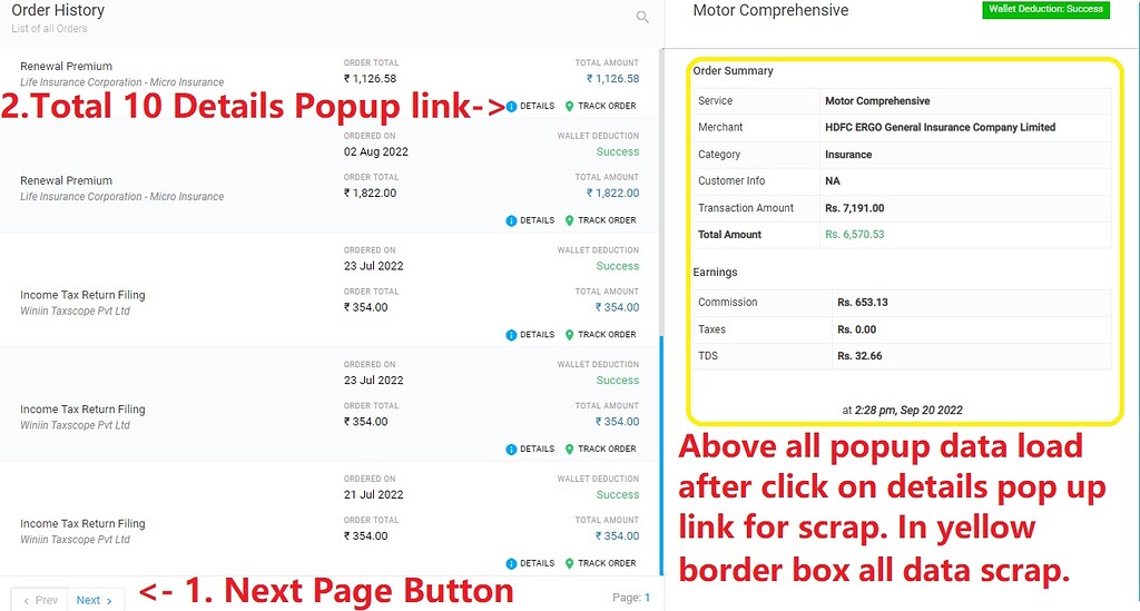 Unable to scrape data from total ten popup inks in each pages and each popup link has different ...